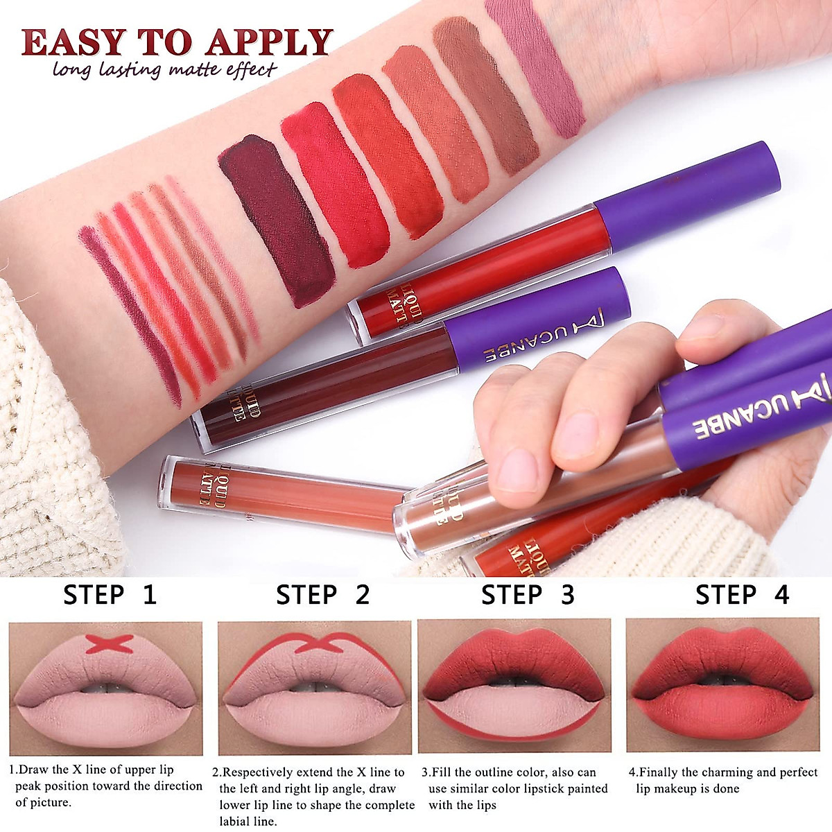 UCANBE 13pcs Lady's Night Lipstick Makeup Set, 6 Velvety Matte Liquid Lipsticks + 6 Matching Smooth Lipliner Pencil + 1 Moisturizing Lip Gloss Primer, Waterproof Long Lasting Lip Make Up Gift Kit