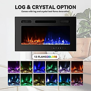 30" Electric Fireplace Recessed and Wall Mounted LED Fireplace with Remote Control 8h Timer, 12 Flames,Touch Screen, in-Wall Fireplace with Log & Crystal Hearth for Living Room