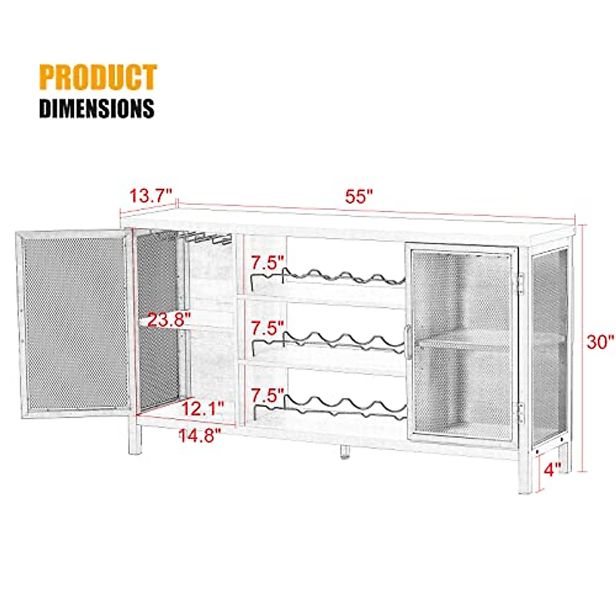 LED Wine Bar Cabinets for Home – Industrial Liquor Cabinet Bar with 2 Hinged Doors, Adjustable Wood and Steel Bar Table with Bottles Rack, Kitchen Farmhouse Coffee Bar, Living Room Furniture, Grey