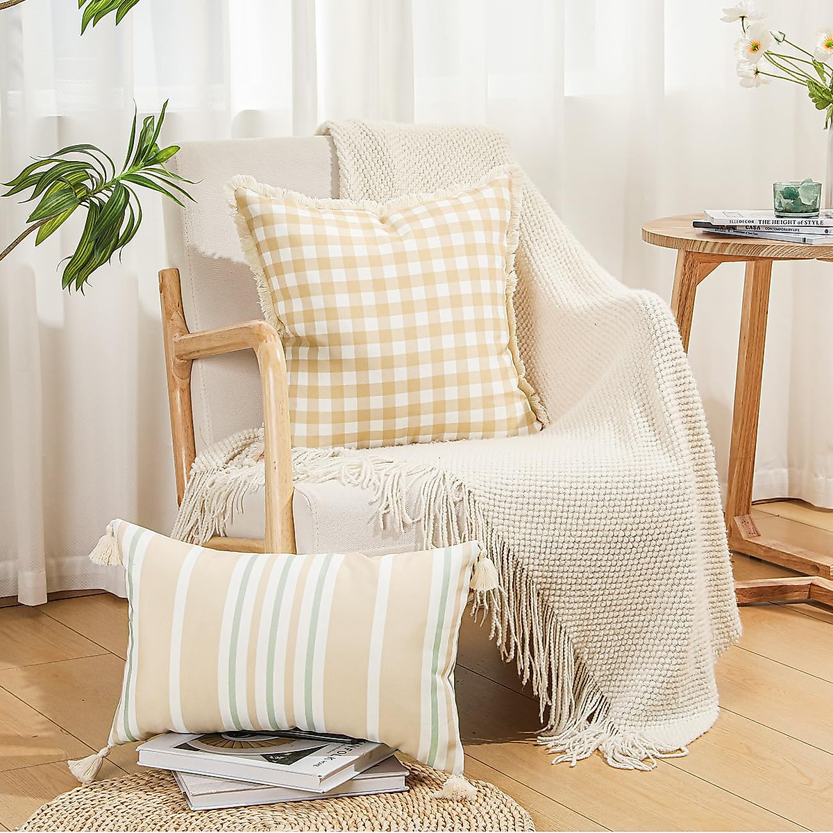 Lewondr Outdoor Throw Pillow Covers 12×20&18×18 Inch, Waterproof Throw Pillow Cases with Fringe, Striped Decorative Outdoor Cushion Covers for Garden, Patio, Couch, Balcony, 2 Pack, Beige