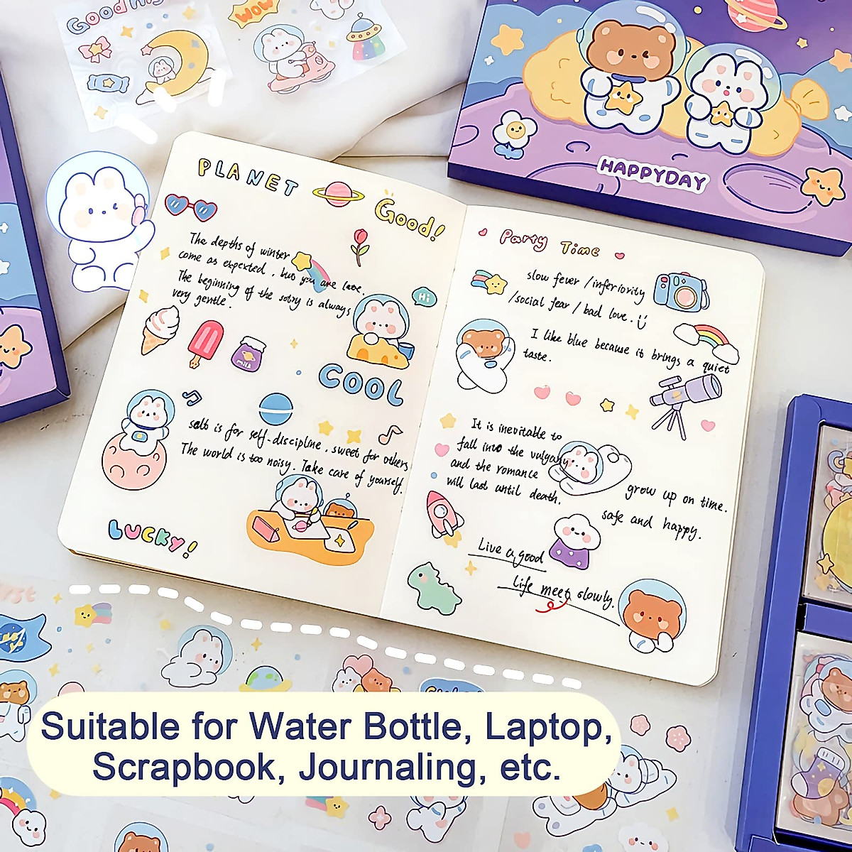 Cute Stickers Waterproof Water Bottle Laptop Scrapbook Vinyl Stickers Aesthetic Kawaii Clear Stickers Packs for Journaling Gifts for Kids Girls Boys, Pack of 1000 Pcs/100 Sheets (Space Star Travel)