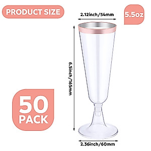 Thenshop 50 Pack Rose Gold Plastic Champagne Flutes 5.5 oz Elegant Clear Disposable Champagne Glasses Detachable Hard Toasting Glasses for Wedding Party Fancy Vino Cocktail Cups