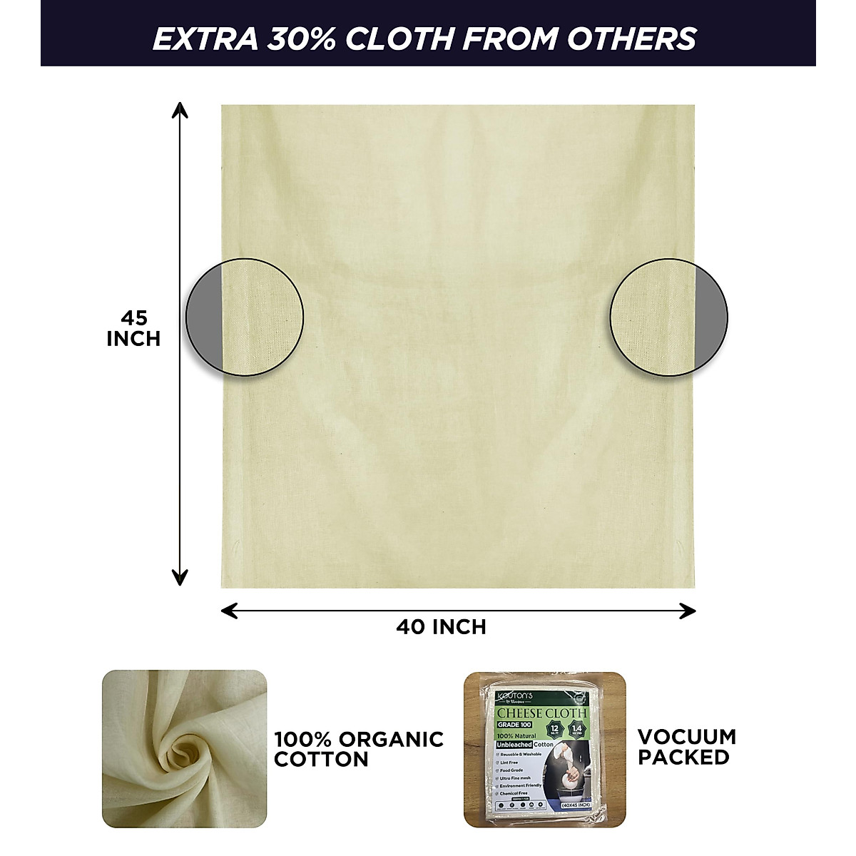 Raajsee Cheese Cloths Grade 100, 12 Sq Feet - 1.4 Sq Yards Unbleached 100% Organic Cotton Fabric - Reusable Ultra Fine Mesh Muslin Cloth - Cheesecloth For Straining Cooking,Baking,Cheese Making