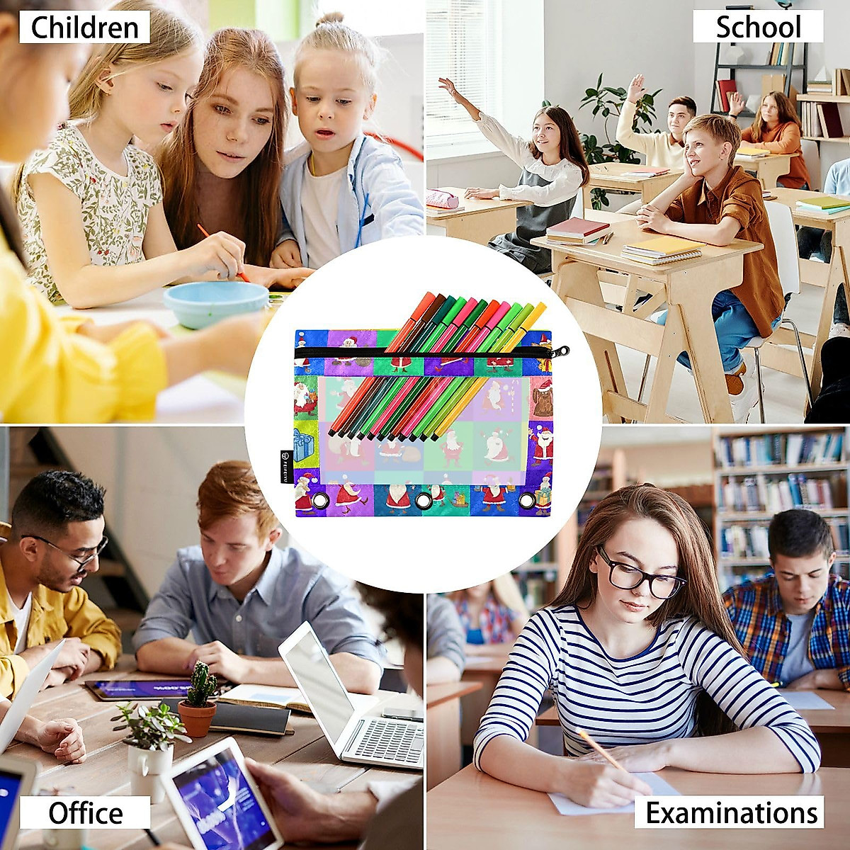 FRODOTGV Santa Claus Collage Christmas Pencil Pouches for 3 Rings Binder Zipper Pencil Pouches Clear Three Hole Pencil Pouches 2 Pack Pen Case