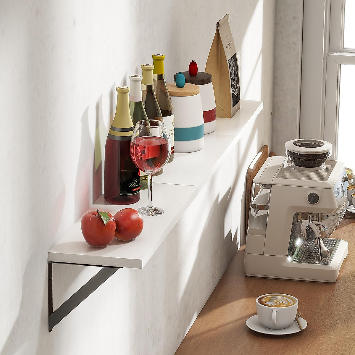 Fun Memories Floating Shelves Wall Mounted Set of 3, 16.5 Inch Natural Wood Wall Shelves, Decor Storage Shelf for Bedroom Bathroom Living Room Office Pictures Plants Books Cats TV (White and Black)