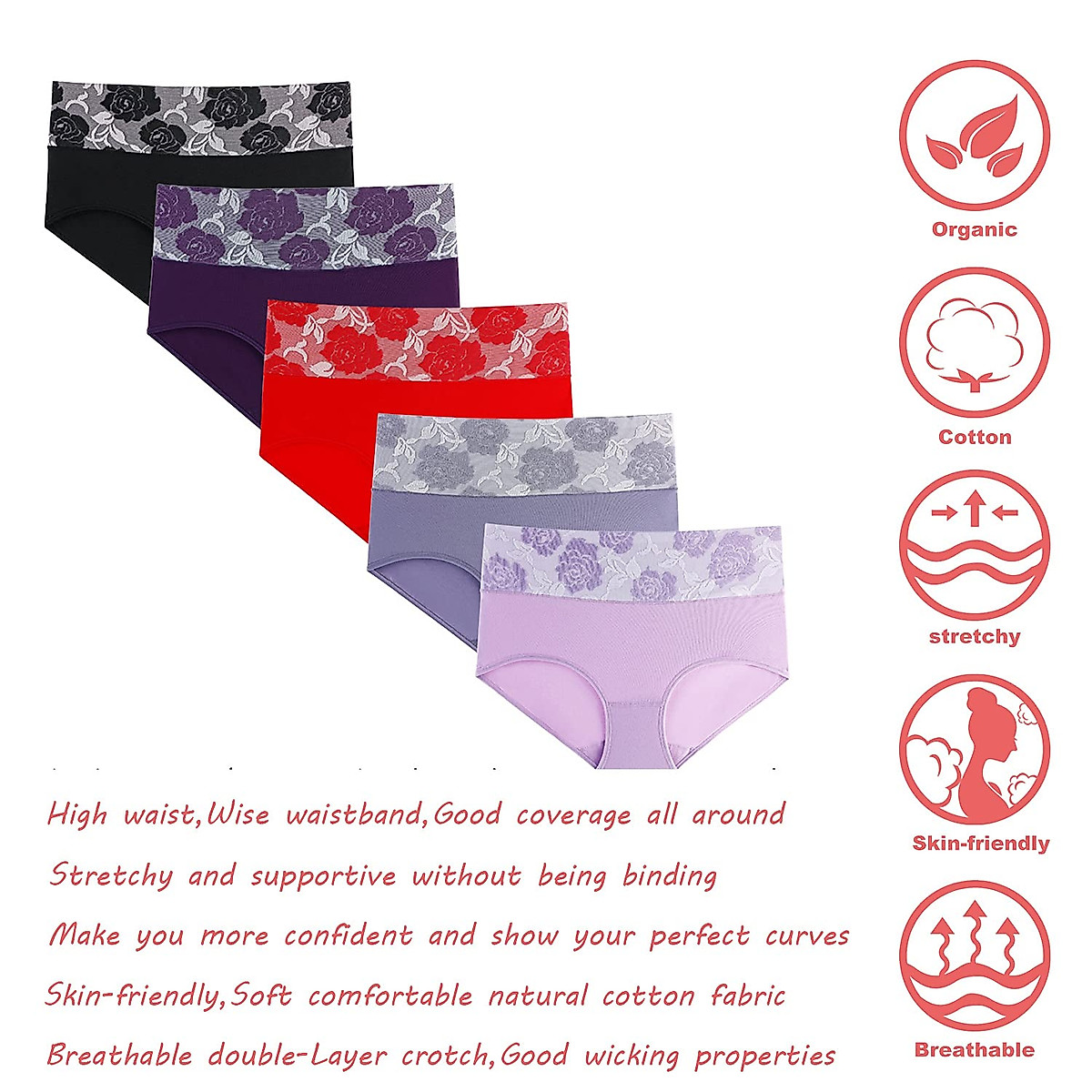 Honzadar Womens High Waist Underwear,Tummy Control briefs,Postpartum Panties,Full Coverage(5Pack-XXL)