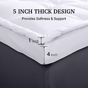 Hotel Grand 5 inch Extra Thick White Down Feather Mattress Topper Queen Size, Luxury 233 Thread Count 100% Cotton Pillowtop Featherbed Hotel Collection Mattree Topper 60x80 inch