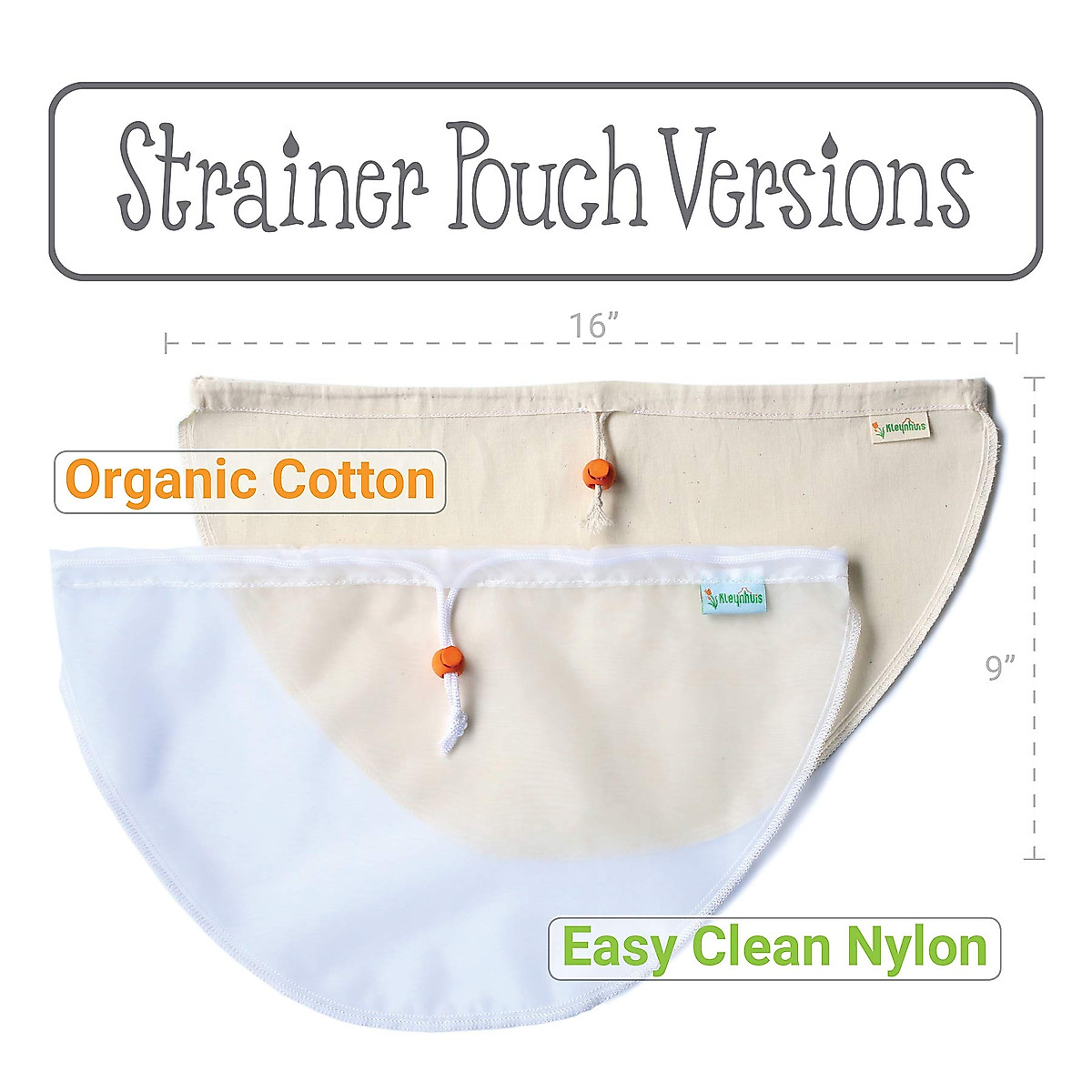 Kleynhuis Greek Yogurt Strainer Pouch, Organic Cotton (16"X9") / Reusable Cheesecloth Alternative