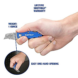 Sheffield 12116 Mini Ultimate Lock Back Utility Knife | Cut Boxes, Paper, Twine, etc. | Extra Quick-Change Blades Can Be Stored in Handle | Durable & Light Weight | Steel Blades, Aluminum Handle |Blue