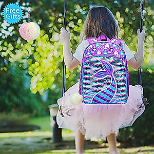 gxtvo 3PCS Mermaid Backpack for Girls, 16" Sequin Prechool Elementary Bookbag and Lunch Box