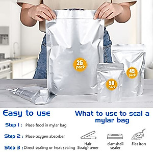Mylar Bags for Food Storage,120 Pack Mylar Bags with 300cc Oxygen Absorbers, Extra Thick Reusable Ziplock Bag (10"x14", 6"x9",3.5"x5") (120)