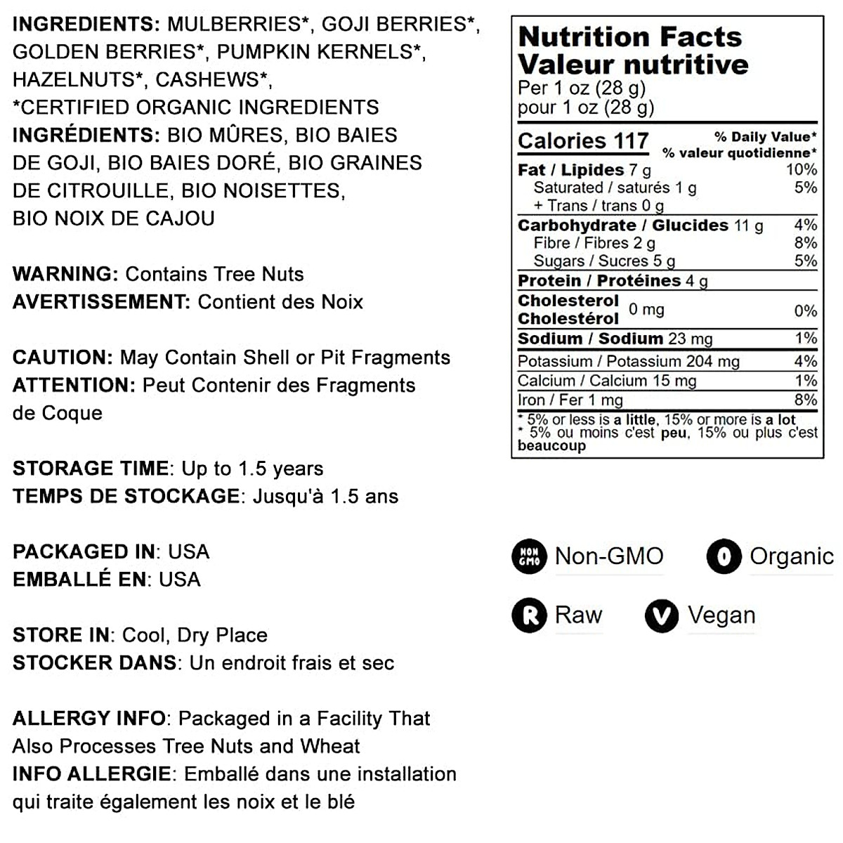 Food to Live Organic Antioxidant Trail Mix, 1 Pound — Contains Mulberries, Goji Berries, Golden Berries, Pumpkin Seeds, Hazelnuts, Cashews. Non-GMO.