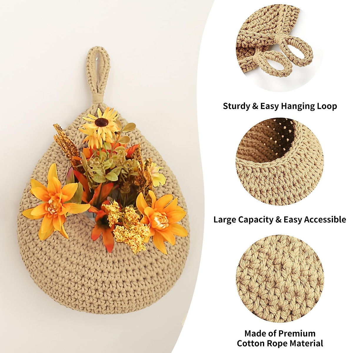 INJORAN Boho Wall Hanging Fruit Baskets for Kitchen 3 Pack Woven Produce Holder with 6 Pcs Strong Hooks Vegetable Hanging Basket for Organizing Teardrop Home Wall Potato Onion Storage, Linen