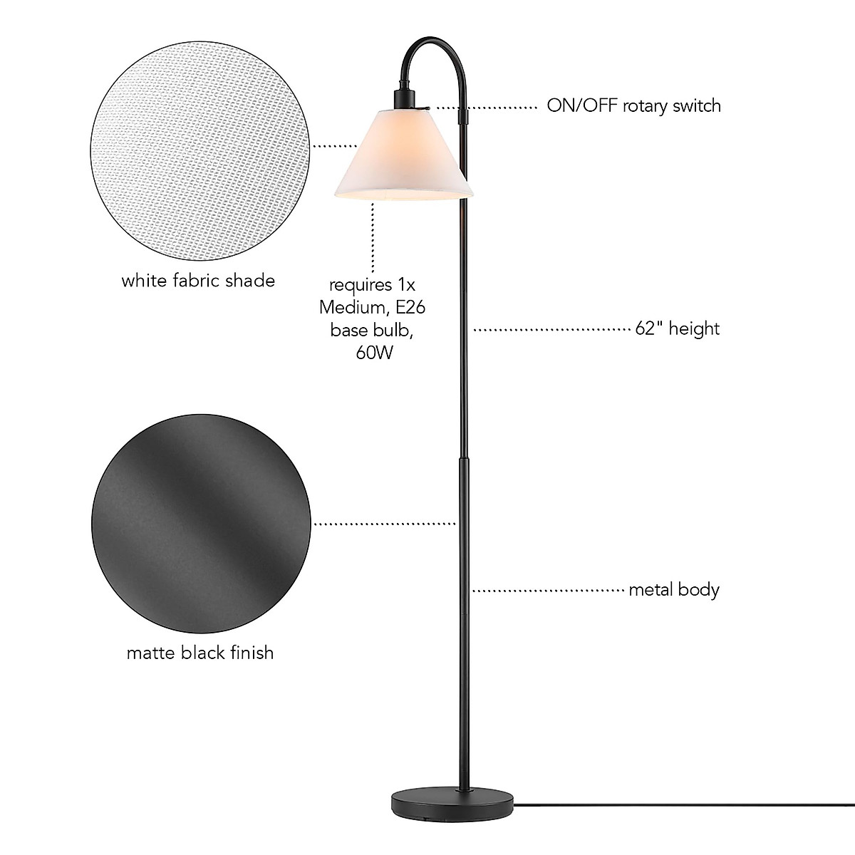 Globe Electric 67397 Barden 58" Floor Lamp, Black, Dark Gray Velvet Shade, On/Off Socket Rotary Switch
