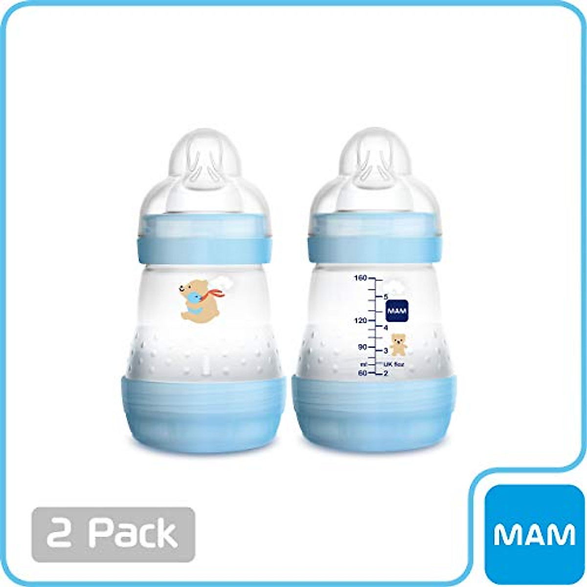 MAM Easy Start Anti Colic 5 oz Baby Bottle, Easy Switch Between Breast and Bottle, Reduces Air Bubbles and Colic, 2 Pack, Newborn, Boy