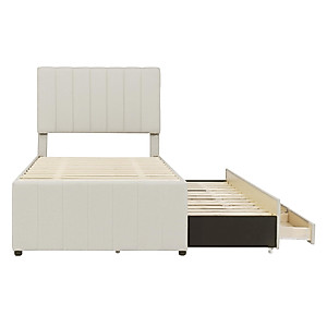 FANYHOME Upholstered Platform Bed, Twin Size Wooden Bed Frame with Pull-Out Twin Size Trundle and 3 Drawers, Wood Slat Support, No Box Spring Needed, Linen Fabric, Beige