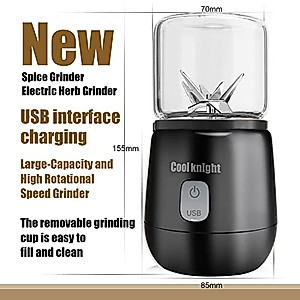 COOL KNIGHT Electric Herb Grinder Electric Spice Grinder, USB Rechargeable 200W Cordless Electric Herb Grinder for Herbs, Spices, Seeds, etc. (Black)