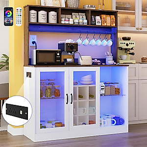 Vinctik 6&Fox Farmhouse LED Coffee Bar w/60000-color Lights,Power Outlet,7 Hooks,9Wink Racks,Adjustable Shelf for Tea Liquor Wine.Sliding Glass Door