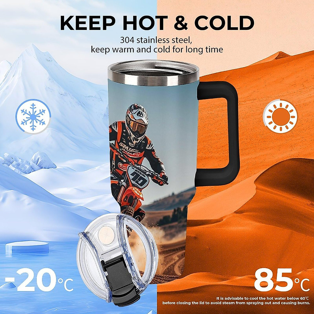 FHESDCW Sports Motorcycle Tumbler with Handle And Straw 40 Oz Leak Proof Large Capacity Car Cup Cupholder Friendly Stainless Steel Travel Coffee Mug Keep Cold Or Hot Black-style