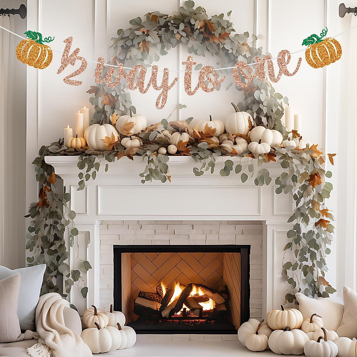 Pumpkin 1/2 Way to One Banner, Fall Half Birthday Decorations Girl, Happy 6 Months, Little Pumpkin Baby Shower Birthday Party Decorations, Rose Gold Glitter