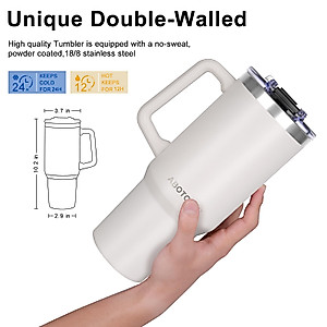 ABOTOCUP 40 oz Tumbler with Handle and Straw, Insulated Tumbler Water Bottle with 2-in-1 Straw and Sip Lid, Travel Coffee Mug Fits in Car Cup Holder, 1 Leak Proof Lid, Keep Cold 24h & Hot 12h