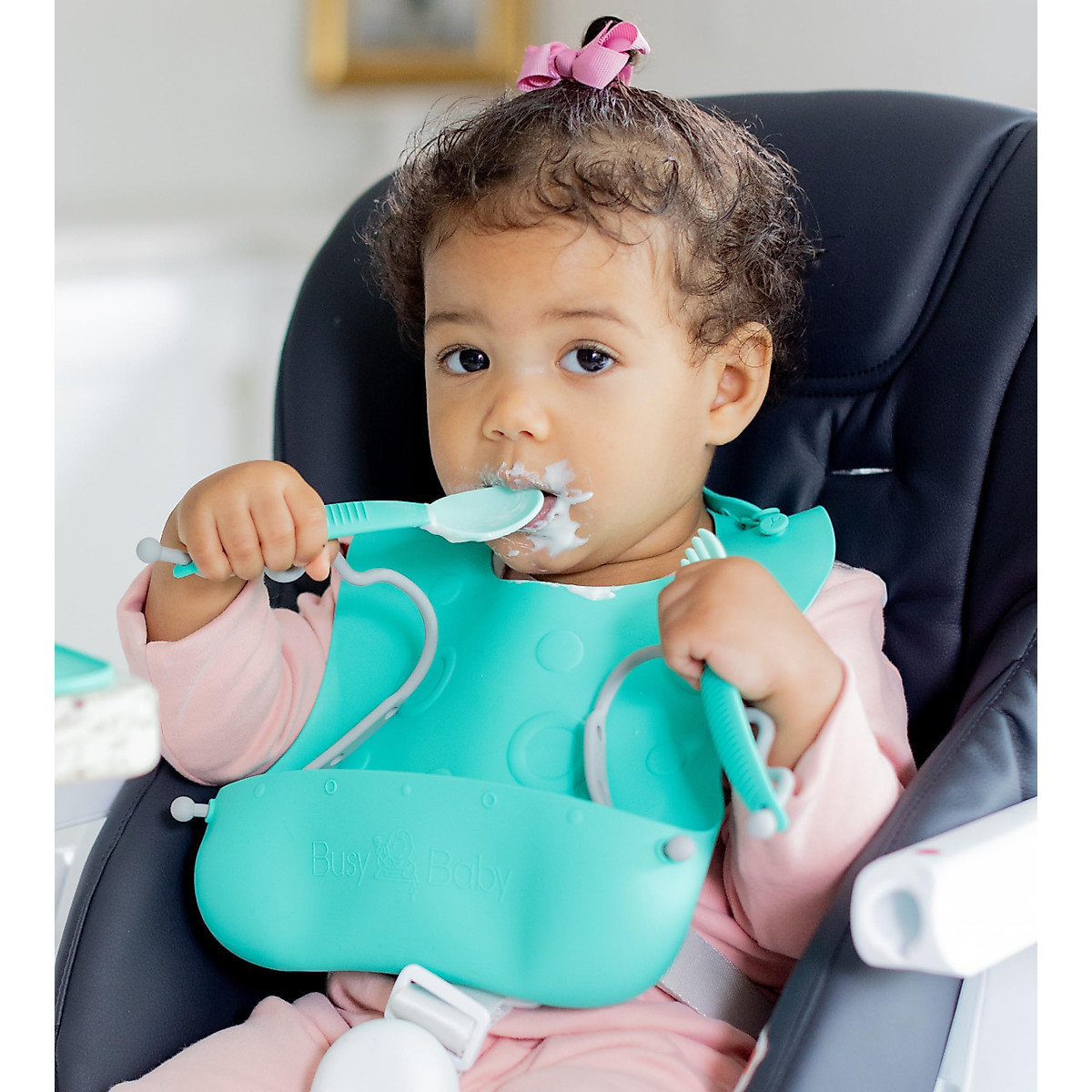 BUSY BABY Bungee Bib & Utensil Set – Adjustable Silicone Bib with Pocket & Tethered Utensils for Babies & Toddlers