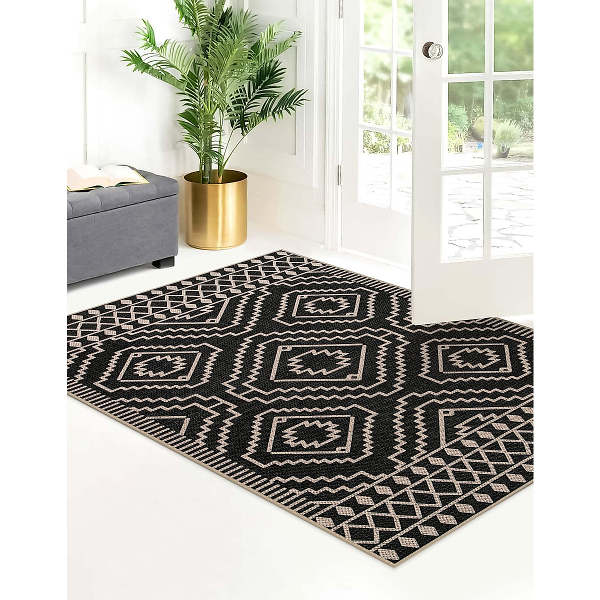 Lahome Moroccan Easy Jute Area Rug, 3x5 Entryway Rug Indoor Outdoor Patio Rug 3x5 Farmhouse Black Washable Living Room Area Rug, Non Slip Indoor Outdoor Carpet for Patio Courtyard Deck