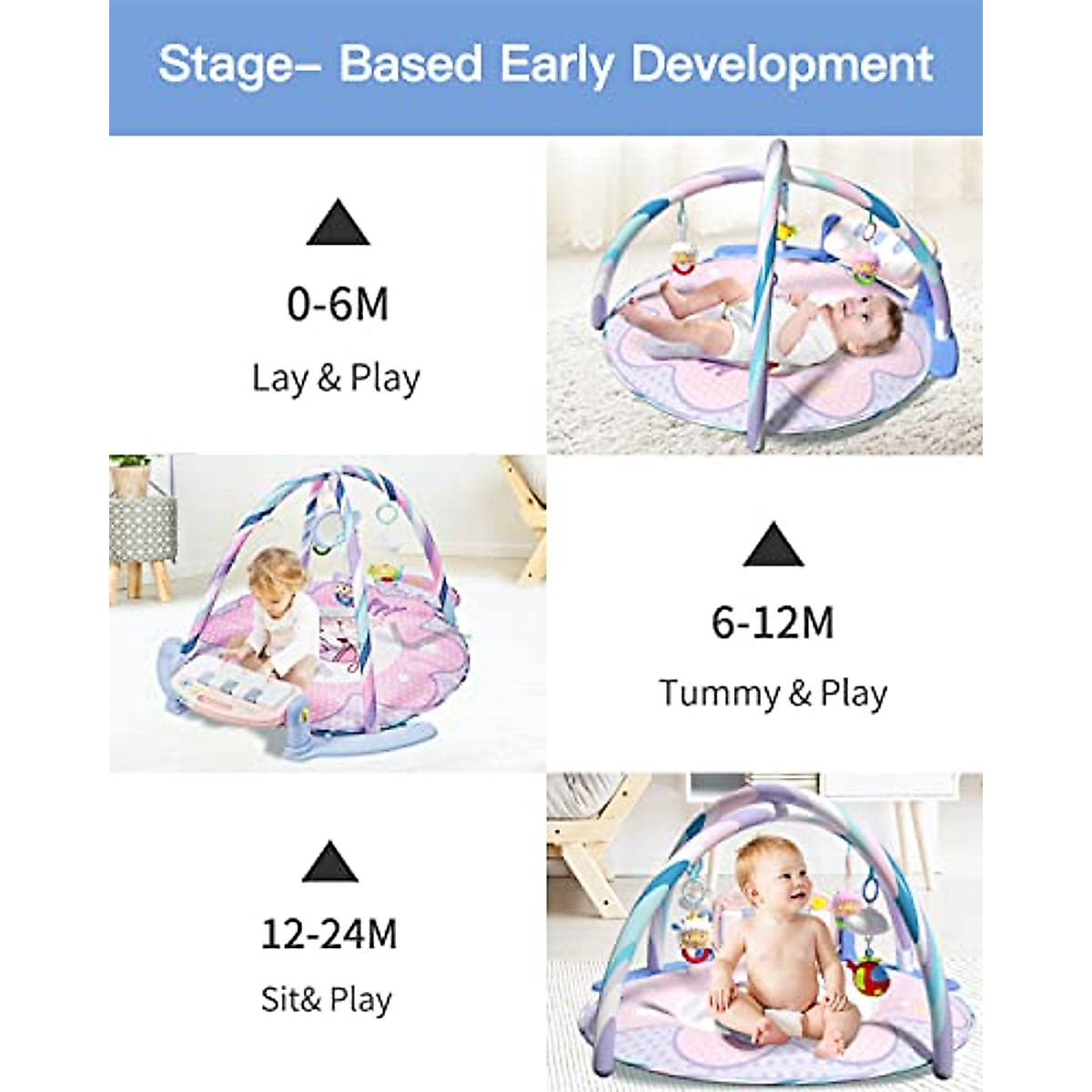 Baby Gym Play Mat,Musical Activity Center Kick Piano Gym Tummy Time Toys for Newborn Babies，Infant Toys Large Thickened and Non Slip Mat Washable (Pink)