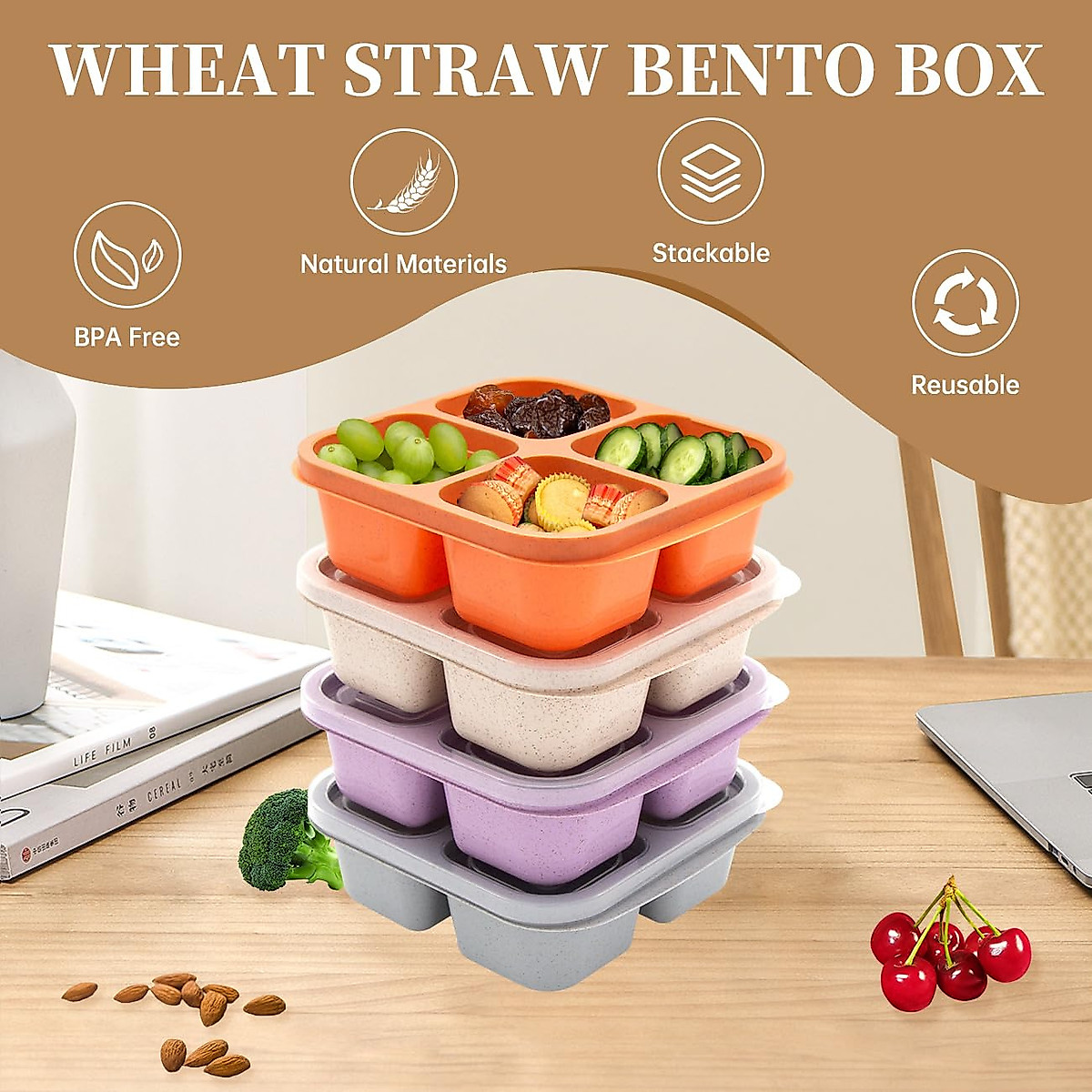 Luriseminger 7 Pack Bento Lunch Box ，4 Compartment Snack Containers，Divided Bento Snack Box，Meal Prep Lunch Containers, Lunch Box Kids/Toddle/Adults,Food Storage Containers for School, Work and Travel