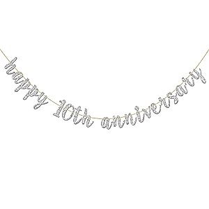 INNORU Glitter Silver Happy 10th Anniversary Banner - Ten Sign - Children Kids 10th Birthday Banner - 10th Wedding Anniversary Party Bunting Decoration