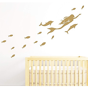 Yyart Mermaid Wall Decals, Fish Wall Stickers, Nautical Sea Ocean Dolphin Decal, Vinyl Sticker for Bathroom, Nursery Decor, Home Decor Art Mural A56 (Gold)