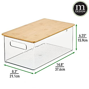 mDesign Plastic Stackable Storage Organizer Container Bin with Handles, Bamboo Wood Lid; for Kitchen, Pantry, Cabinet Organization; Holds Packaged Food, Snacks; Ligne Collection, 8 Pack, Clear/Natural