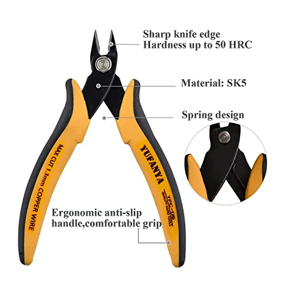 Micro Flush Cutter,Ultra Sharp Micro Wire Cutter Side Cutter with Internal Spring & Soft Rubber Handle,Diagonal Cuting Pliers for Electronics,jewelry making,Plastic,Zip Ties,Yellow & Black