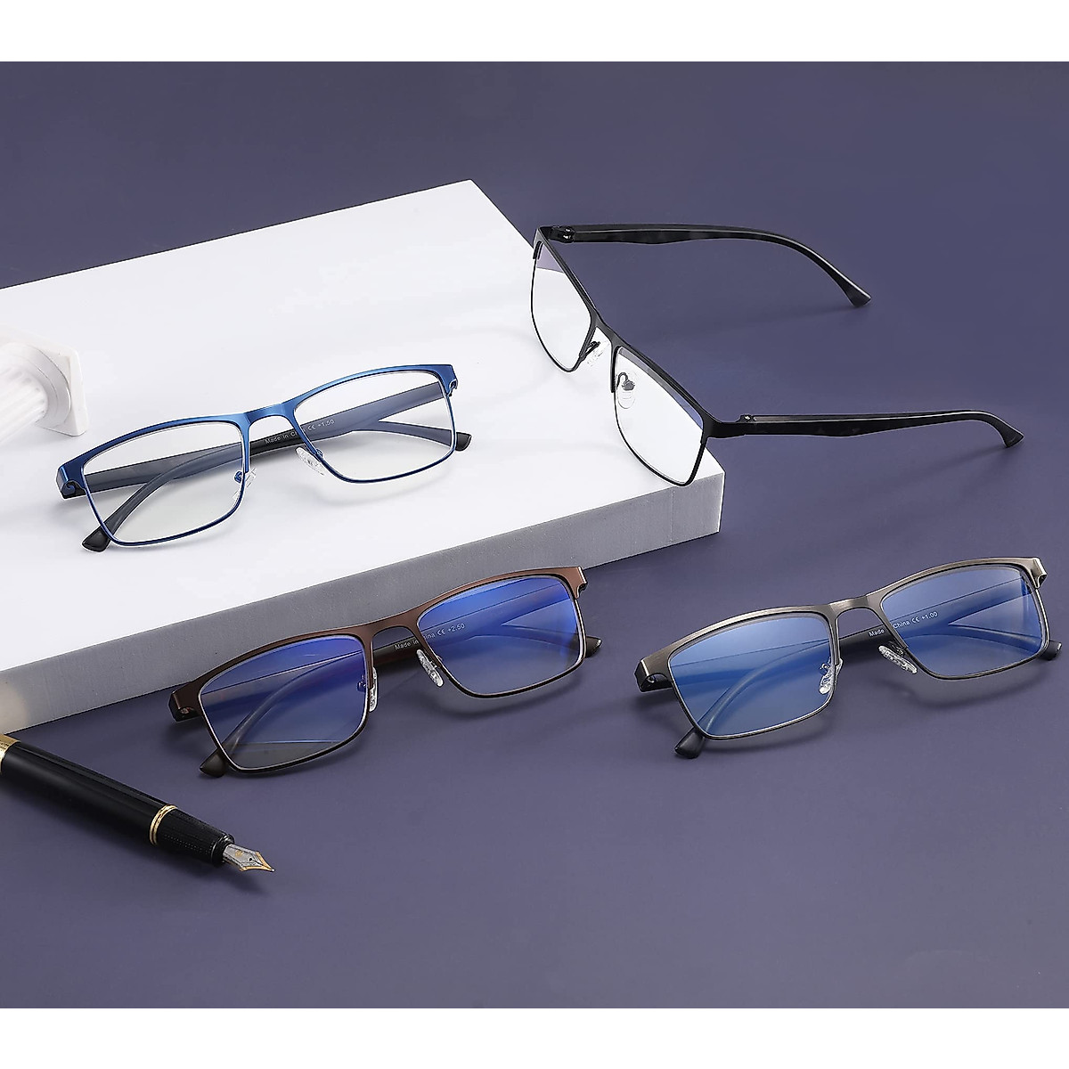 DILLY VISION 4-Pack Blue Light Blocking Reading Glasses for Men Stylish Metal Frame Readers with Comfort Spring Hinges Anti Glare UV Filter Eyeglasses, +2.5 STRENGTH