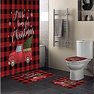 OneHoney 4 Piece Shower Curtain Sets with Non-Slip Rugs, Truck with Christmas Tree Bathroom Curtains Waterproof, Snowflakes on Red Buffalo Grid Decor Doormat, Toilet Lid Cover and Bath Mat