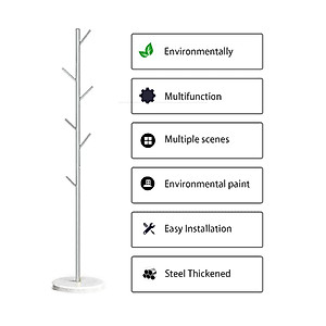 holcmic Metal coat rack bracket finish Stable Marble Round base with high-end hooks freestanding Metal tree hats Easy to assemble (Primary Stainless steel)