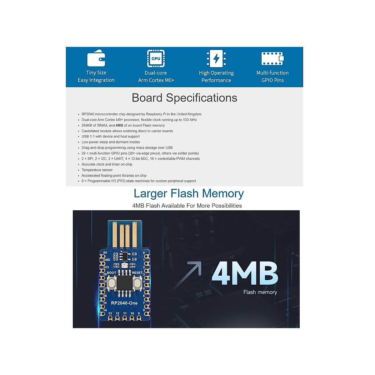 waveshare RP2040-One Microcontroller Development Board Type-A 4MB Flash Pico-Like MCU Board Based on Raspberry Pi RP2040,PCB USB-A Port,Support C/C++,MicroPython