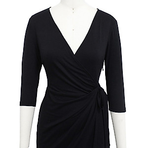 Berydress Women's Elegant Draped V Neck Knee Length Sheath Wedding Party Night Out Work Black Wrap Dress with 3/4 Sleeves (L, 6083-Black)