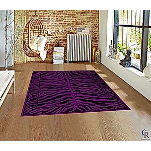Animal Print Zebra Skin Area Rugs Exotic Striped African Contemporary Purple Black Carpet (5’ 3” X 7’ 5”)