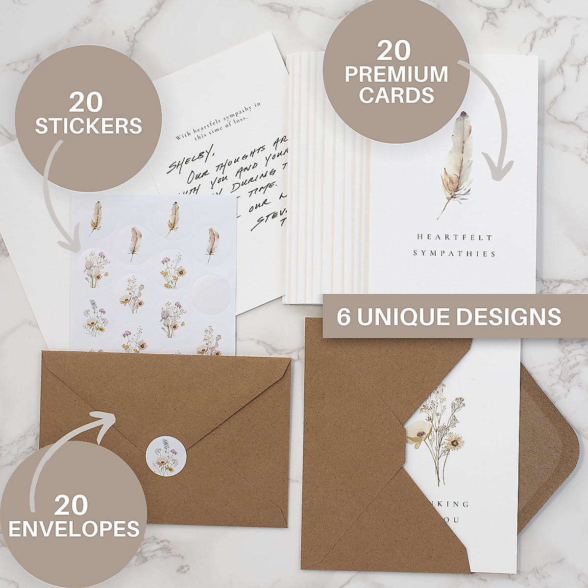 KIBAGA Beautiful Sympathy Cards Set of 20 with Envelopes and Stickers - Perfect Bulk Set To Express Your Condolences - Tasteful Floral and Feather Assortment w/a Simple Heartfelt Note of Condolence
