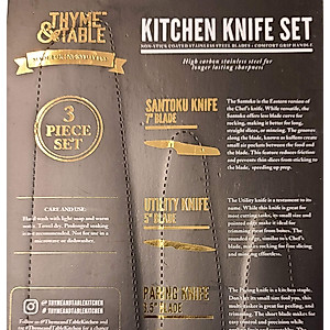 Thyme & Table 3 Piece Knife Set Non Stick Stainless Steel with Santoku Knife & Comfort Grip Handle