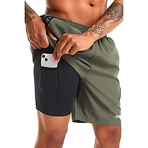 Souke Sports Men's 2 in 1 Workout Running Shorts 7" Quick Dry Gym Athletic Shorts Army Green Liner Zipper Pockets