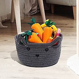 Cat Basket Storage Woven Basket Organizer with Ears Decorative Pet Toy Cute Basket Cotton Rope Basket for Gifts Cat Dog Toy Bin Nursery Room Kids Toy (Gray, 8.3 x 4.7 Inch)