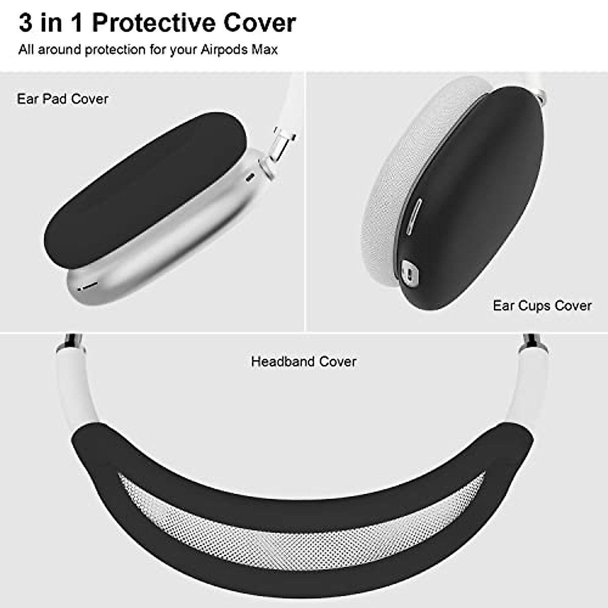 OETKER Compatible Airpods Max Case Cover, Soft Silicone 3 in 1 Anti-Scratch Ear Pad Case Cover/Ear Cups Cover/Headband Cover Accessories Protective Skin Case for Airpods Max Headphones,Black