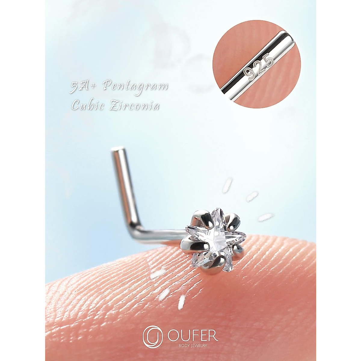 OUFER 925 Sterling Silver Nose Studs, L Shaped Nose Rings Studs, 20G Nostril Solid 3mm Star CZ Nose Piercing Jewelry, Nose Studs For Women Men (L - 3mm Star)