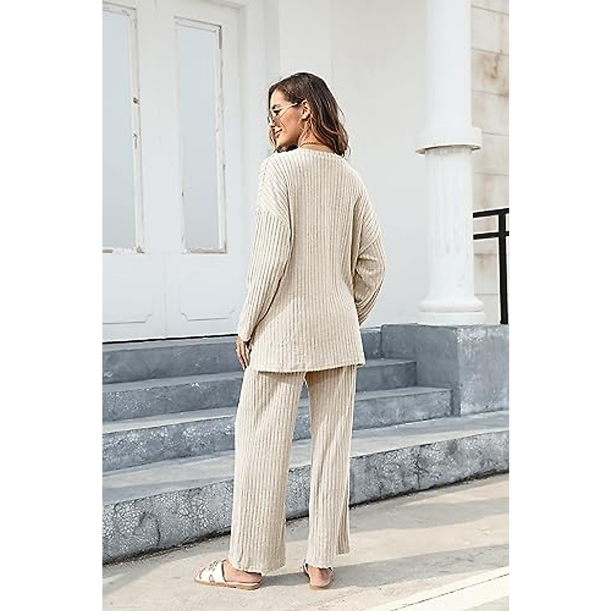 FREEYE Two Piece Outfits for Women, 2023 Fall Lounge Sweatsuits Knit Sweater Sets Pullover Loungewear Matching Pants Comfy Maternity Pajamas Apricot M