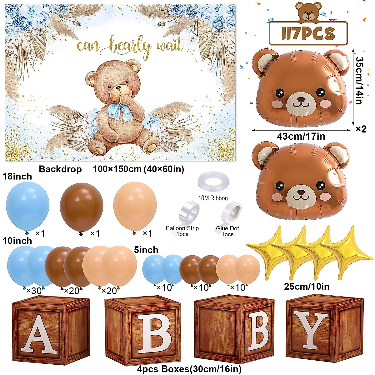 117 Teddy Bear Baby Shower Decorations for Boy Birthday Supplies Brown Blue Balloon Garland Kit Wood Grain Boxes with Letters Bearly Wait Backdrop Bear Theme Baby Shower Decor