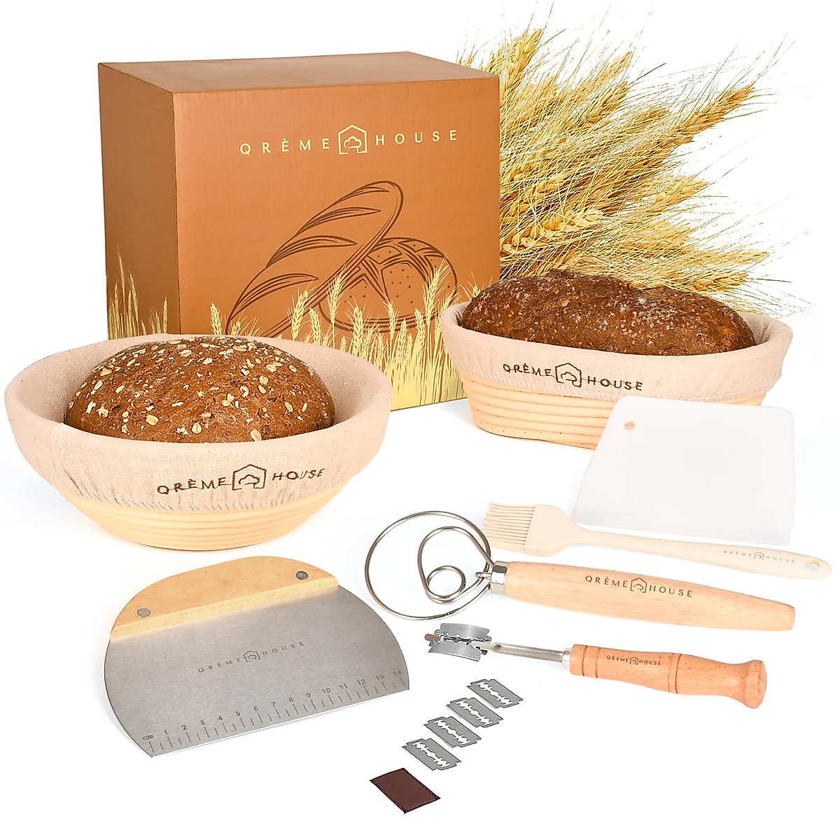 Sourdough Proofing Baskets For Bread Baking Set of 2 - Round 9" & Oval 10" - Qrème House Premium Banneton Bread Proofing Basket Kit For Easy Artisan Bread Making With Bread Lame, Dough Whisk & Scraper