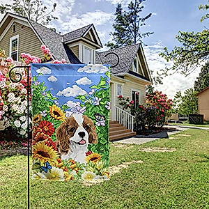 Cavalier King Charles Spaniel Garden Flag Cute Dog with Beautiful Sunflower Yard Flag Spring Summer Floral Print Decorative Small Garden Flags Double Sided 12 x 18 Inch Outdoor Banner