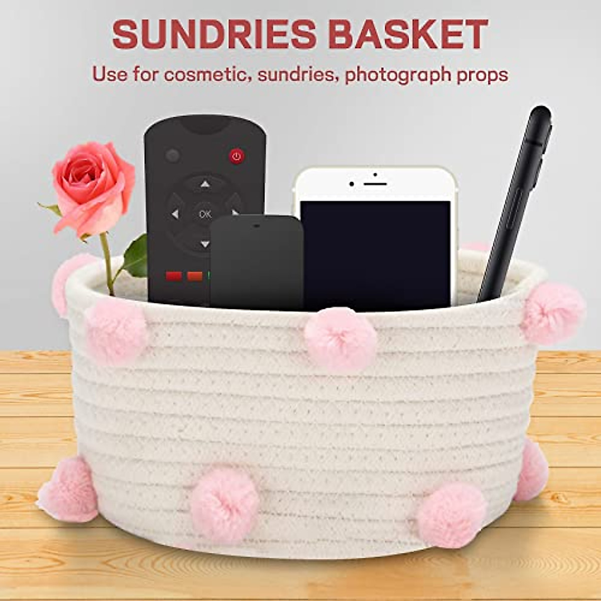 putyEosu Cotton Woven Basket Cute Pompom Decor Sundries Finishing Box Nordic Cosmetic Toys Organizer S
